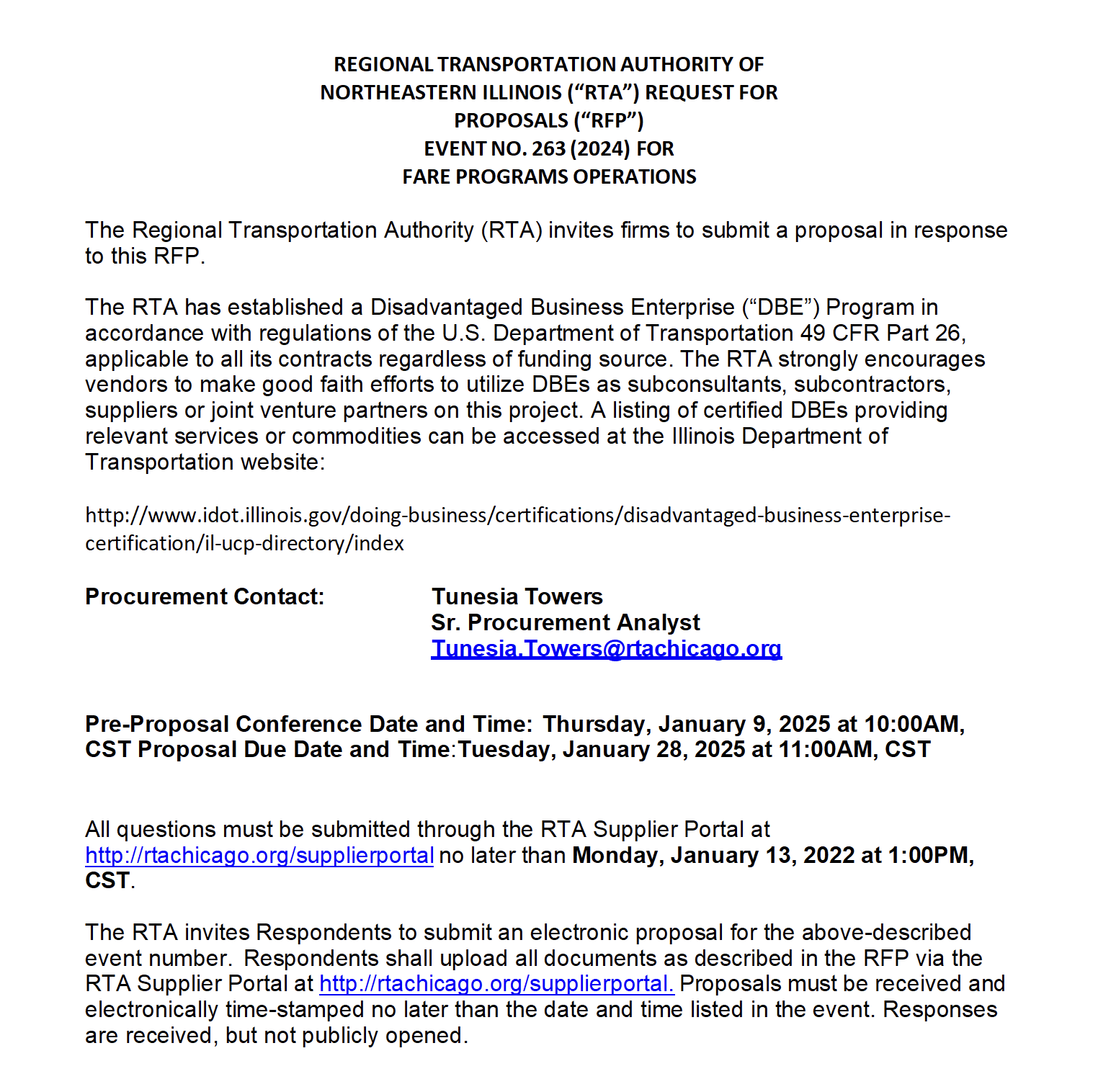 Regional Transportation Authority - RFP No. 263 | Chicago Defender